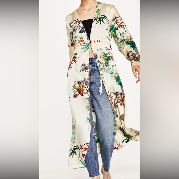 Zara | Tops | Zara Floral Print Silk Dusterkimono Sz Small 29 Nwt ...